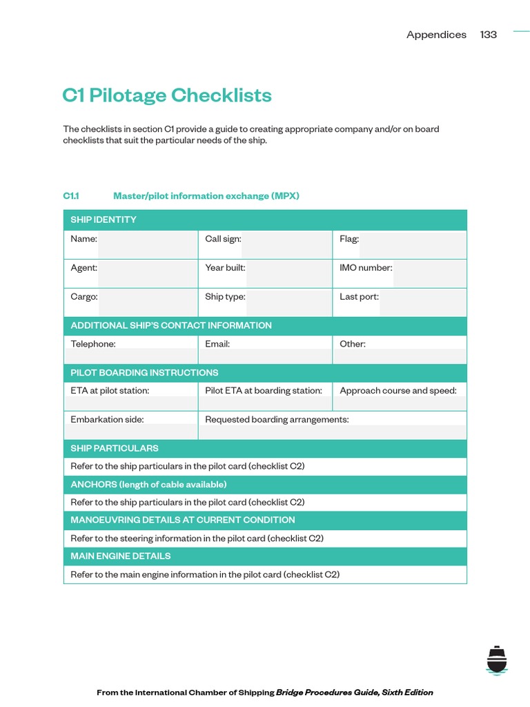 ICS BPG6 - C1 Pilotage Checklists | PDF | Ships | Rudder
