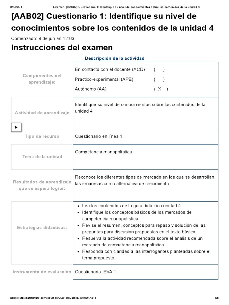 Examen - (AAB02) Cuestionario 1 - Identifique Su Nivel de Conocimientos Sobre Los Contenidos de ...