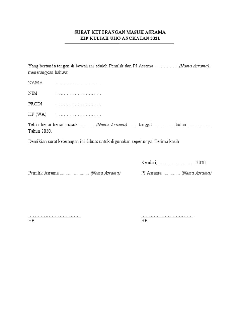 Format Surat Keterangan Masuk Asrama Kip Kuliah 2021 | PDF
