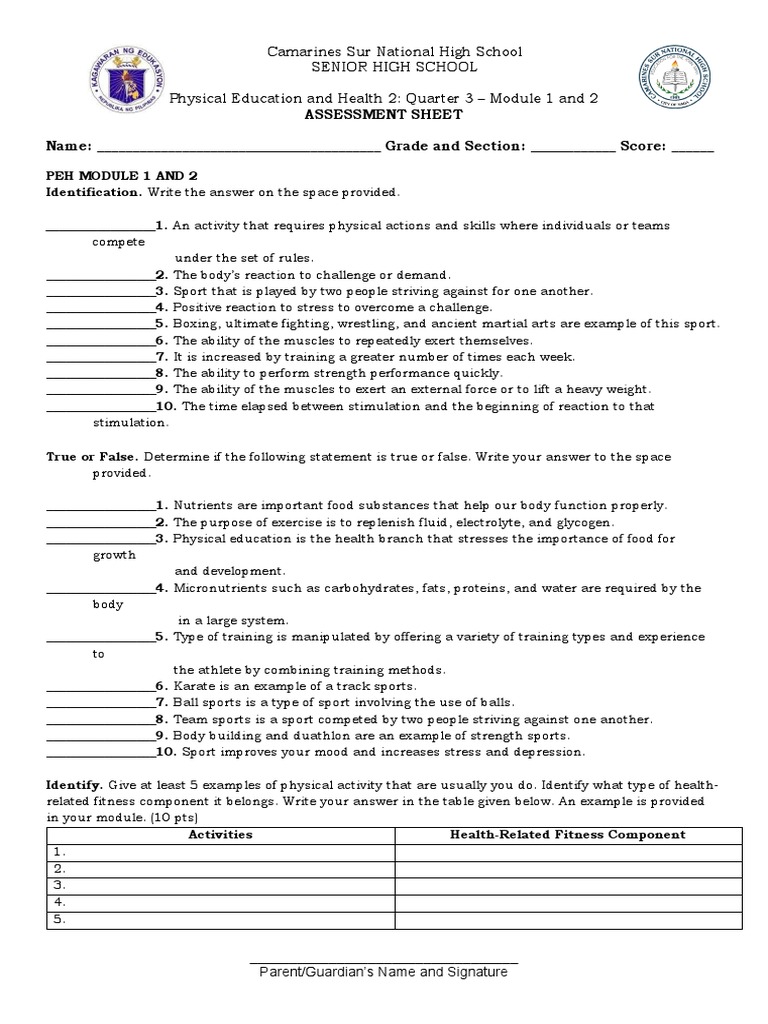 Assessment-sheet-peh11-Mod 1 and 2 q3 | PDF