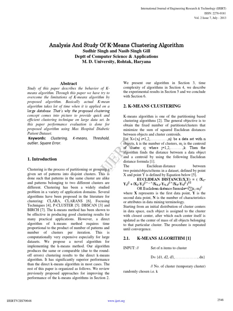 Analysis and Study of K Means Clustering Algorithm IJERTV2IS70648 | PDF | Cluster Analysis | Data