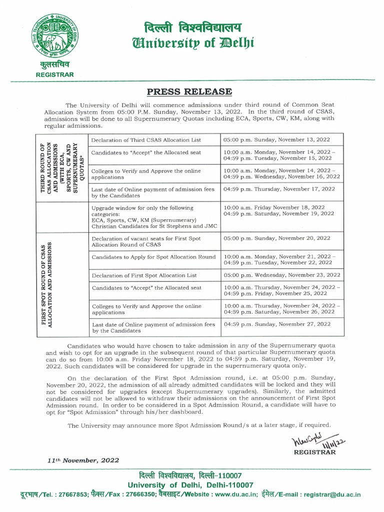 Press Release Schedule of Admissions Under 3rd Round of CSAS DU | PDF