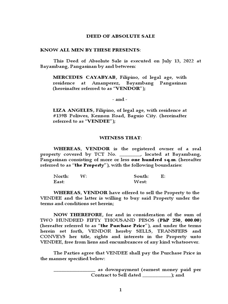 Deed of Absolute Sale Template | PDF | Deed | Notary Public