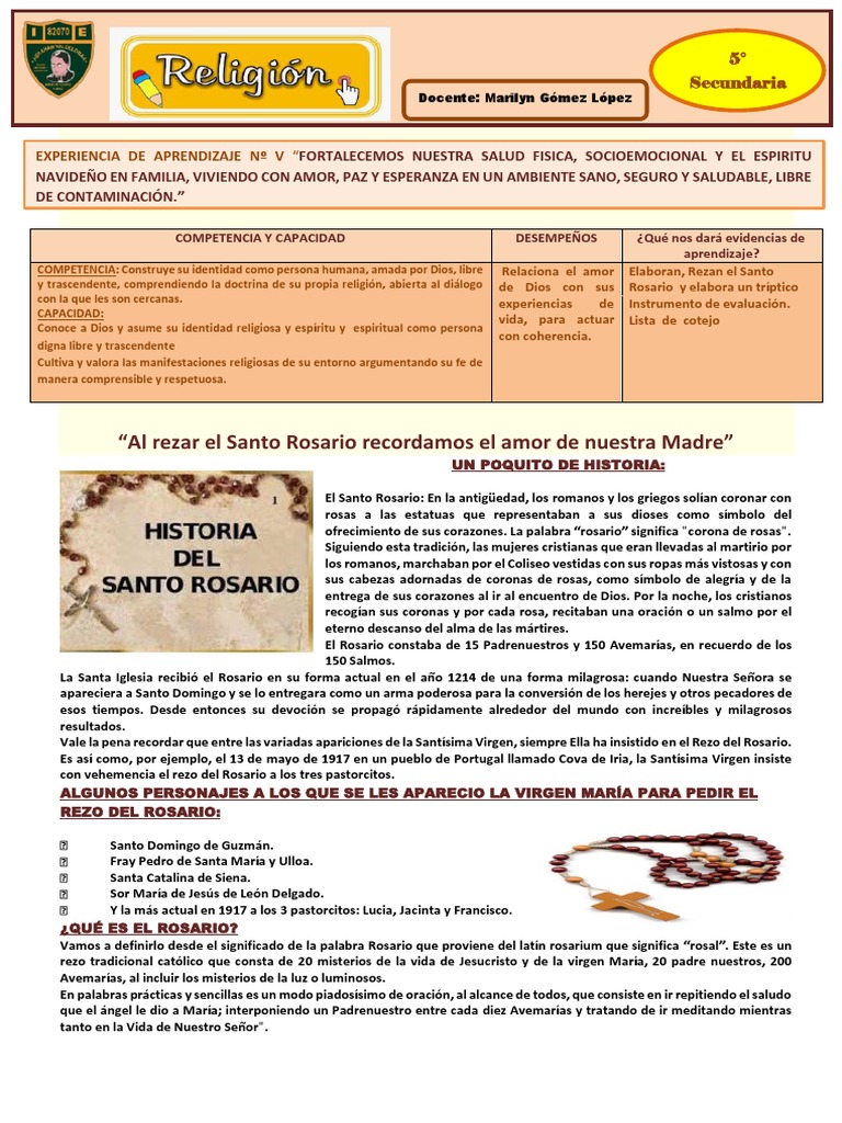 Actividad Del Santo Rosario Quinto | PDF | Rosario | María, madre de Jesús