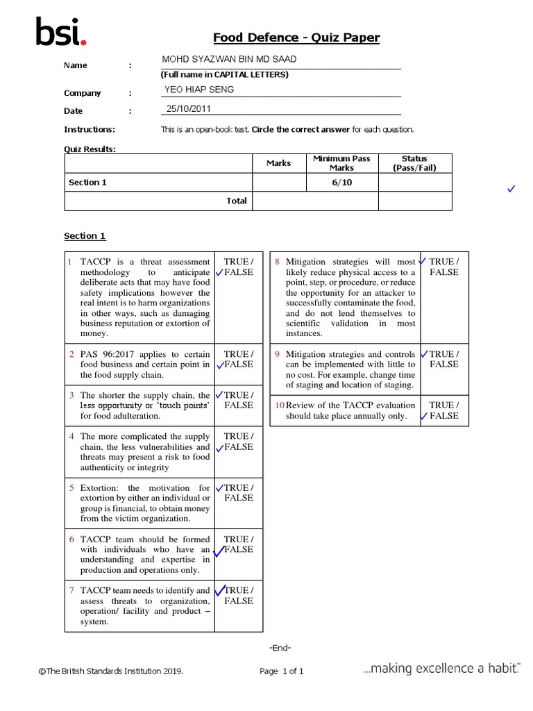 Food Defence Quiz Paper - MOHD SYAZWAN - YEOS | PDF | Safety