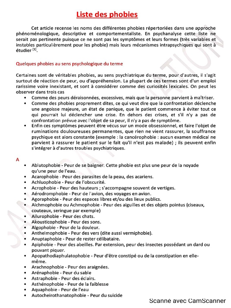 Phobie Liste Des Phobies | PDF