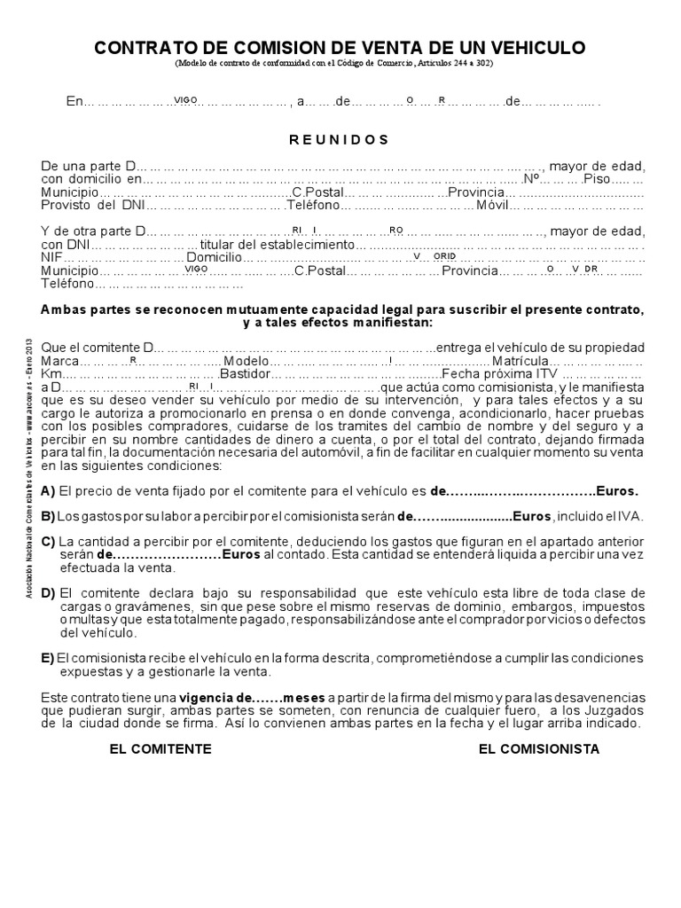 Contrato de comisión de venta de vehículo que establece los términos y condiciones para la venta ...