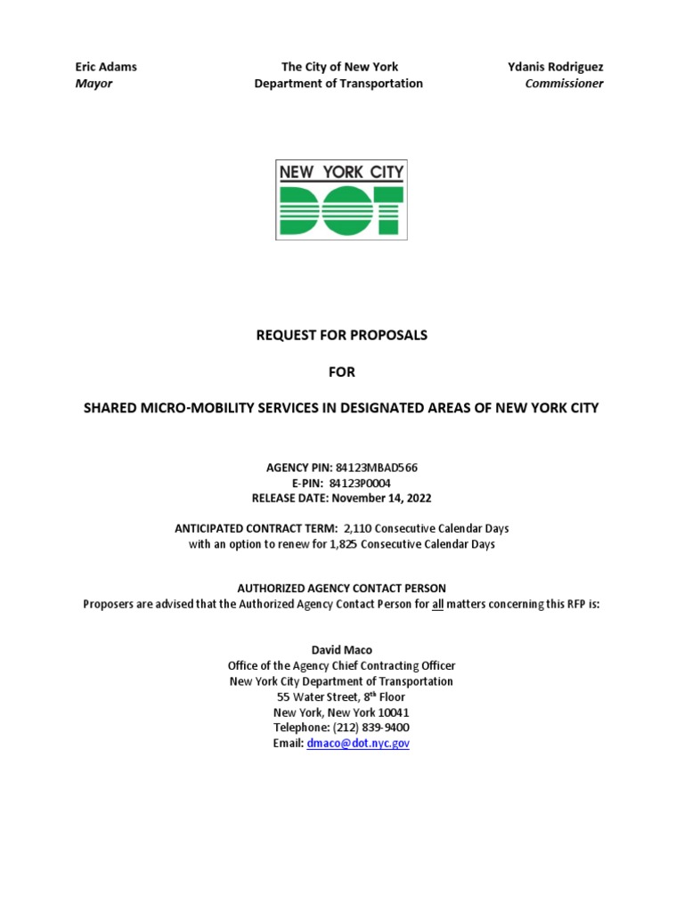 NYC DOT Micromobility RFP Document | PDF | Request For Proposal ...