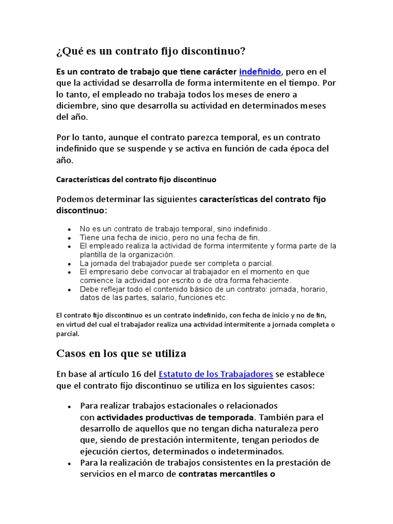 Características del contrato fijo discontinuo | PDF | Salario | Desempleo