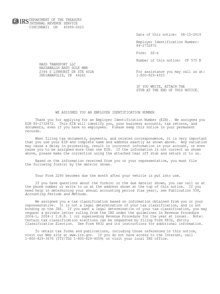 Hass Transport LLC - Ein Confirmation Letter | PDF | Internal Revenue ...