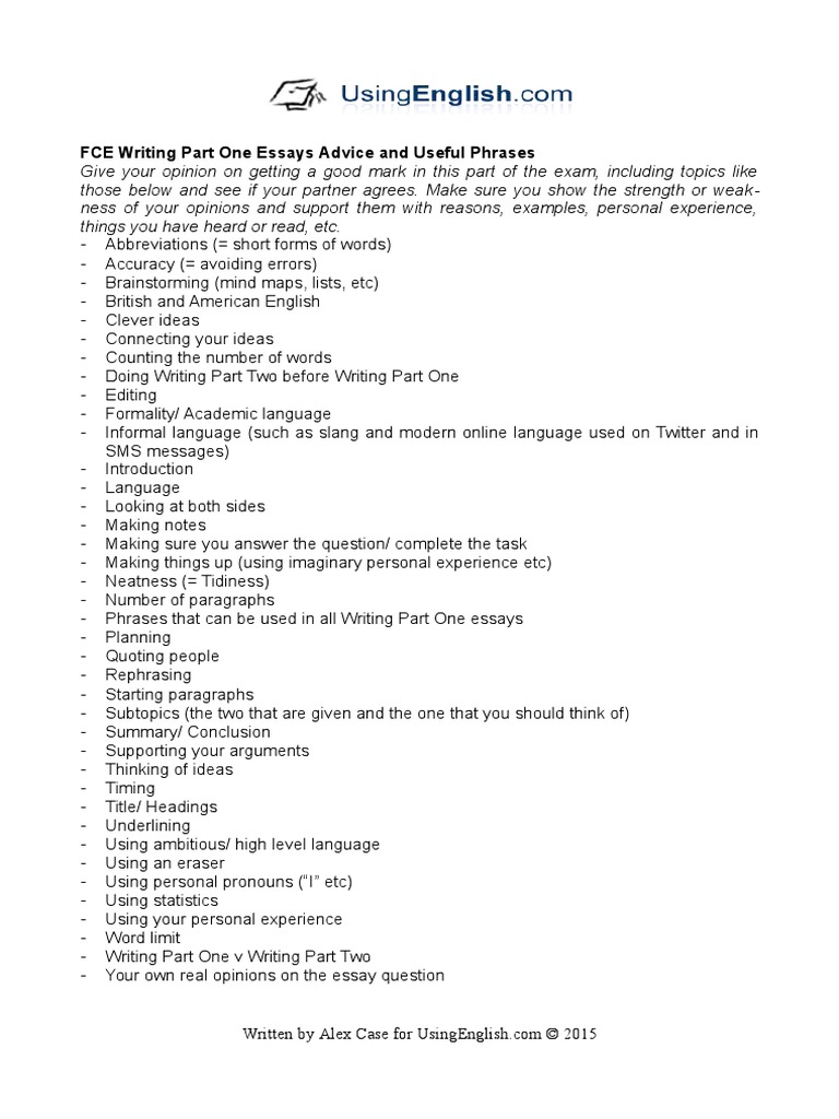 FCE Writing Part One: Tips & Phrases | PDF | Essays | Argument