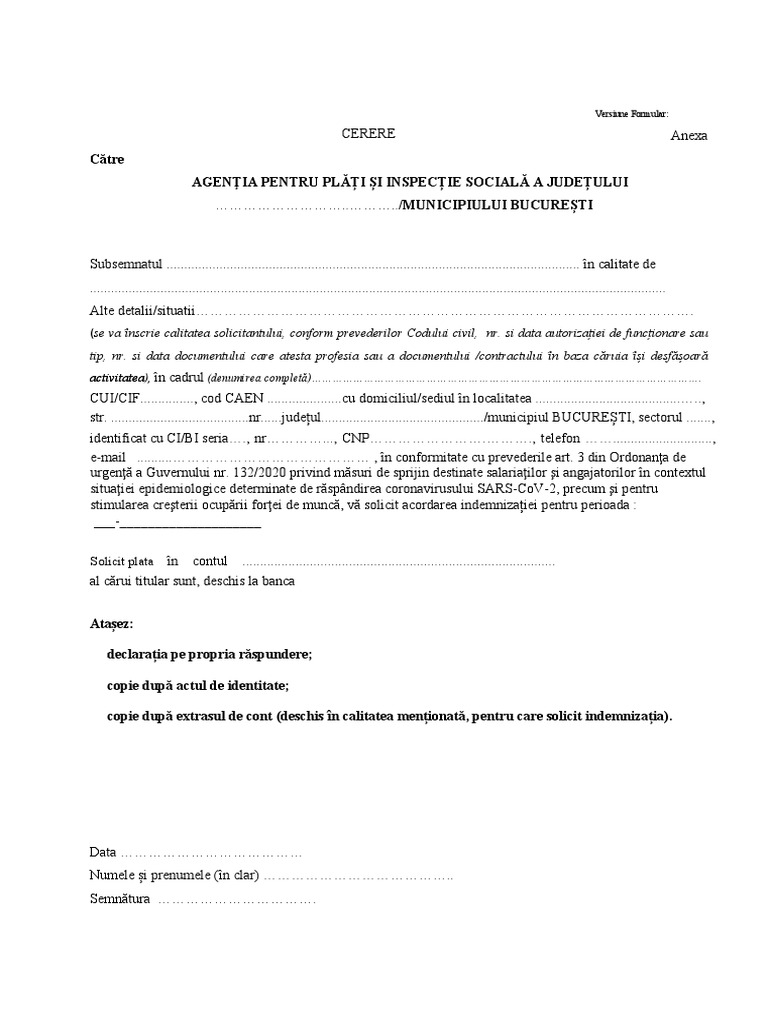 Către Agenţia Pentru Plăți Și Inspecție Socială A Județului | PDF