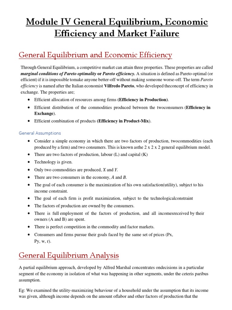 Module IV General Equilibrium, Economic Efficiency and Market Failure ...
