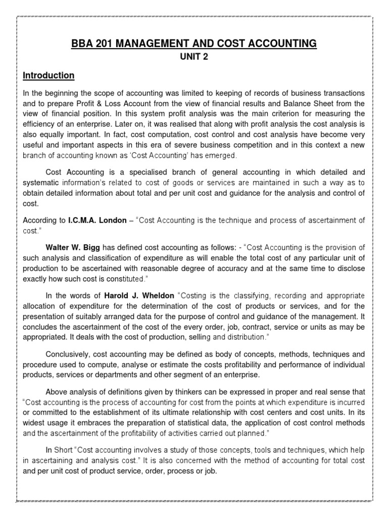 Bba201 Management & Cost Accounting Unit 2 | PDF