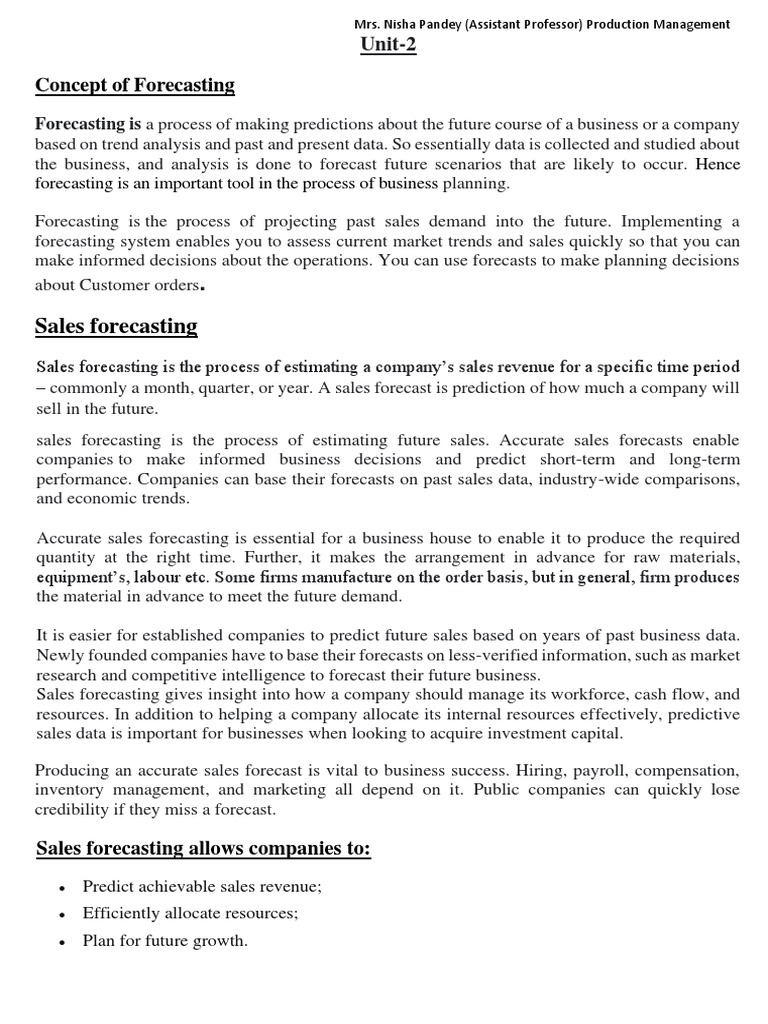 Production Management-Unit-2 (NOTES) BBA203 | PDF | Forecasting | Sales