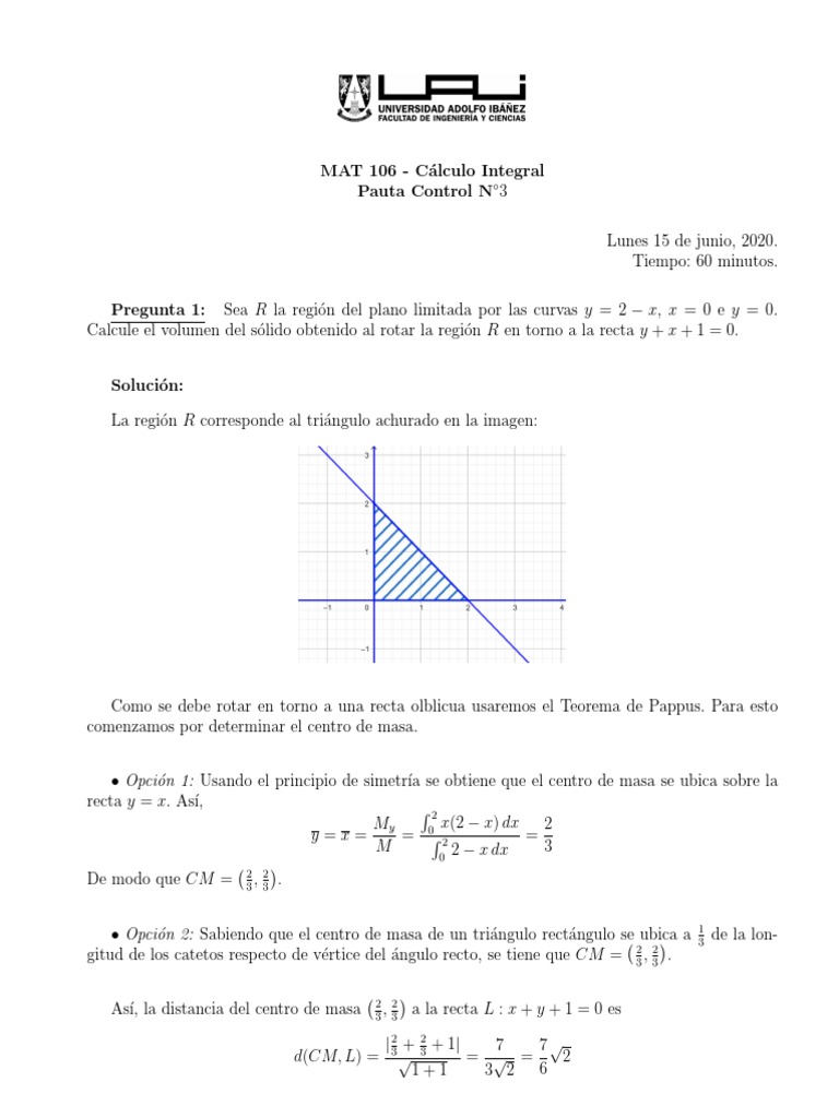Control 3 Calculo Integral 2020-1 Pauta | PDF | Integral | Pi