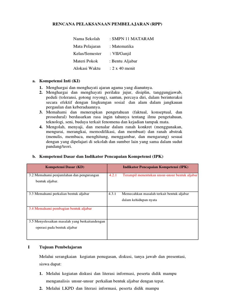 RPP Bentuk Aljabar Kelas VII | PDF