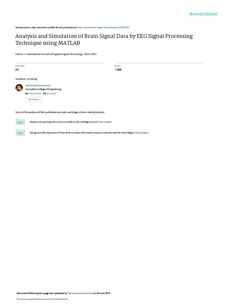 Analysis and Simulation of Brain Signal Data by EEG Signal Processing Technique Using MATLAB ...