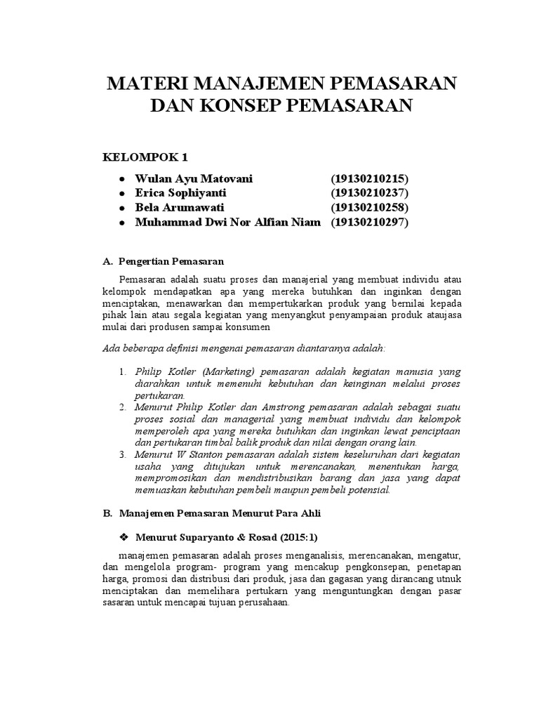 Manajemen Pemasaran Dan Konsep Pemasaran | PDF