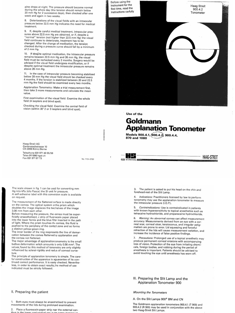 Goldmann Applanation Tonometer Manual (HS) | PDF