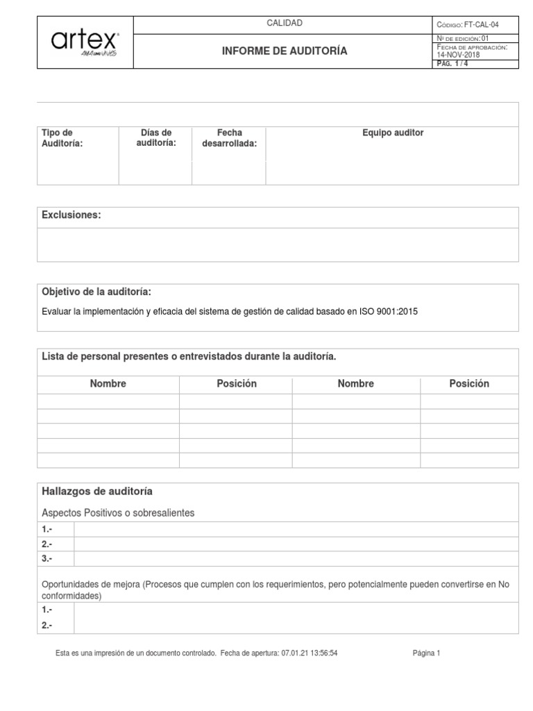 Ft-Cal-04 Formato Reporte de Auditorías Iso 90012015 | PDF | Auditoría ...