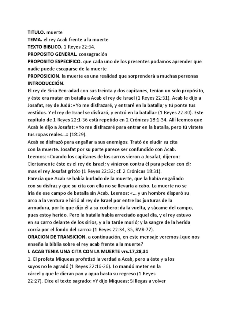 La muerte del rey Acab en la Biblia | PDF | Libros de reyes | Muerte