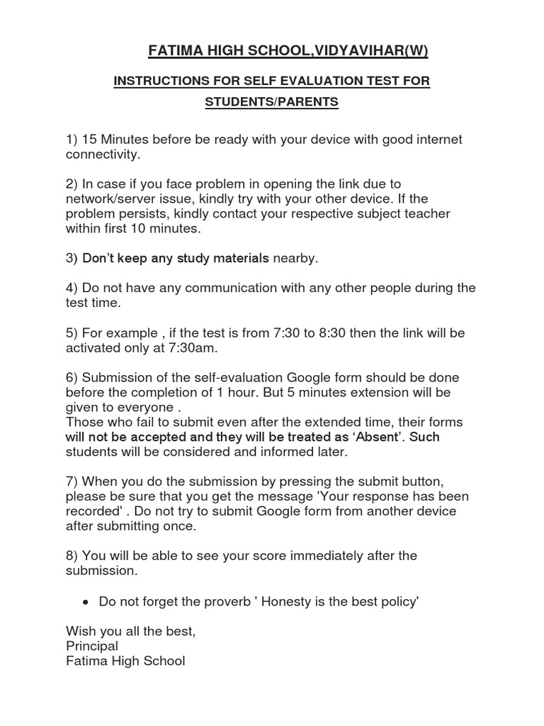 Self Evaluation (Instructions For Students) | PDF