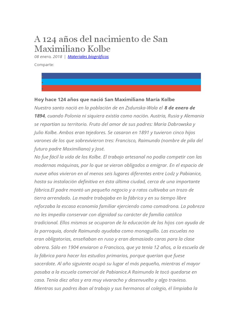 A 124 Años Del Nacimiento de San Maximiliano Kolbe | PDF | María, madre ...