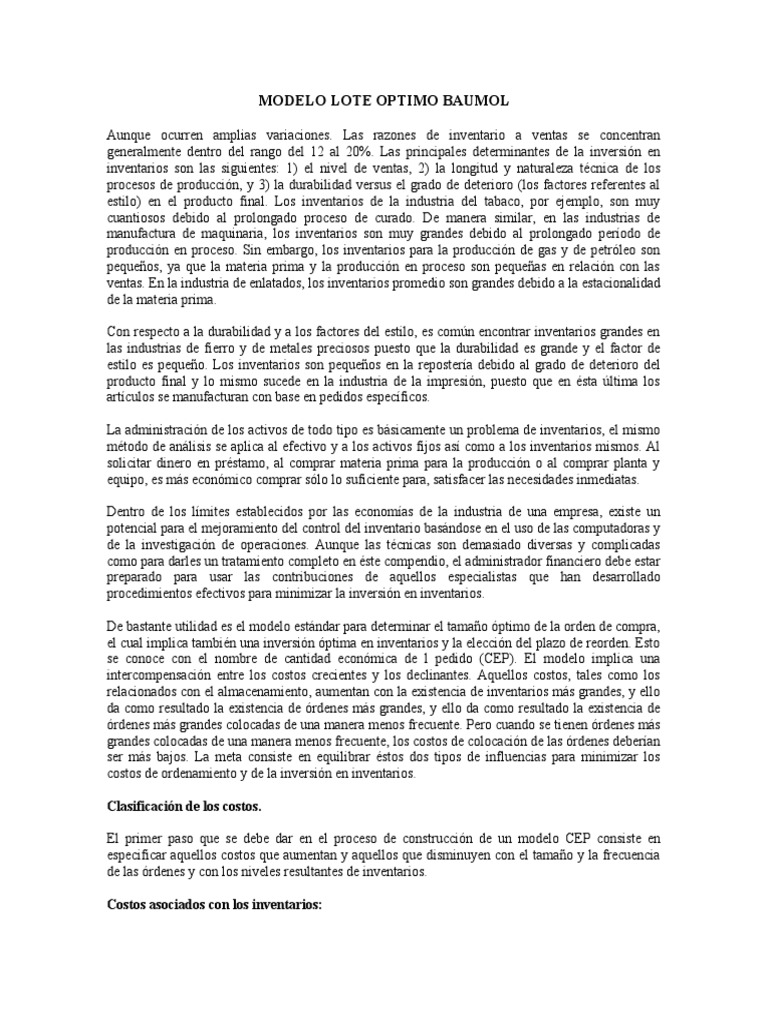 Modelo Lote Optimo Baumol MR | PDF