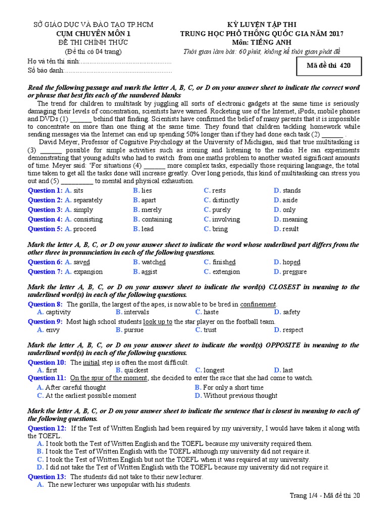 Cụm Chuyên Môn 1 Kỳ Luyện Tập Thi Trung Học Phổ Thông Quốc Gia Năm 2017 Môn: Tiếng Anh Mã đề thi ...