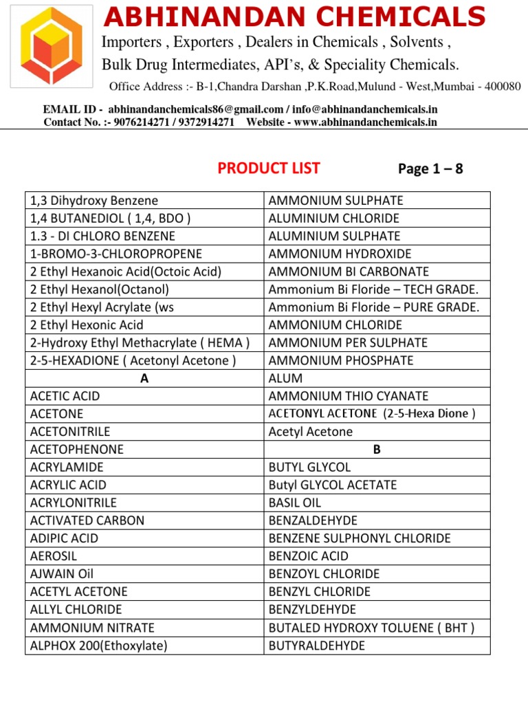 Product List | PDF | Ethanol | Acetic Acid