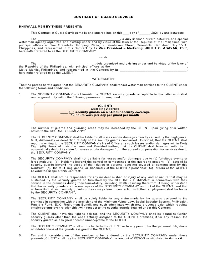 Proforma Contract (Security) | PDF | Security Guard | Lawsuit