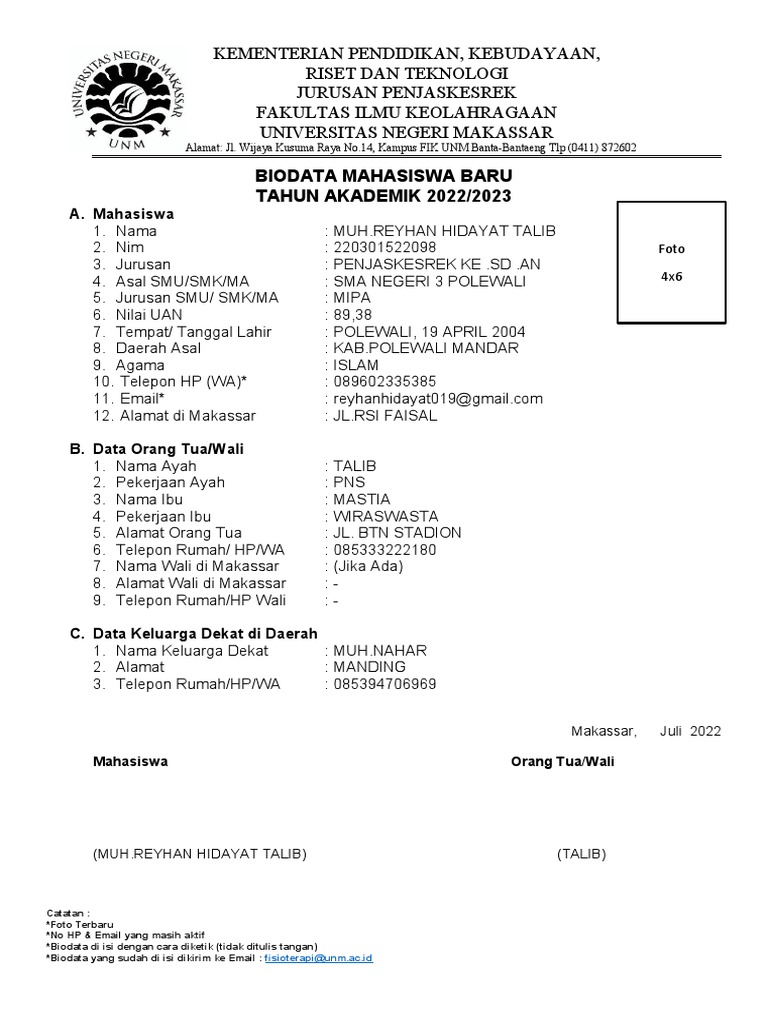 Format Biodata Maba Dan Surat Pernyataan Penjaskesrek Fik Unm 2022 | PDF