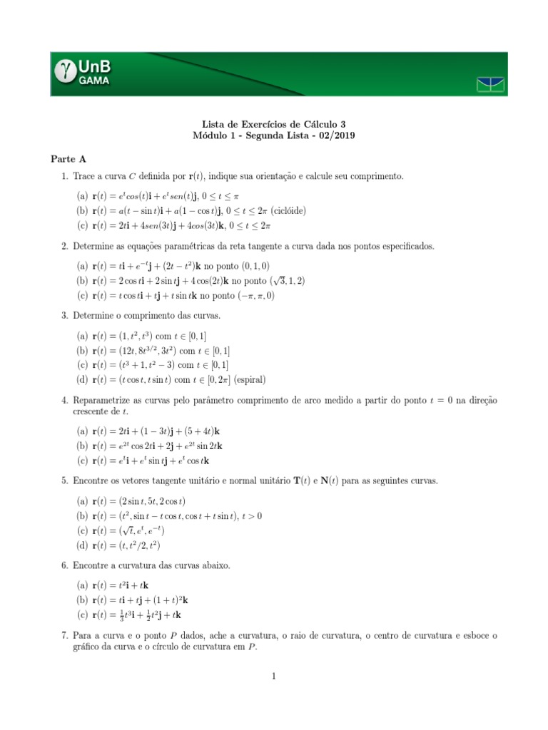 Lista Mod 1 Lis 2 c3 02 2019 | PDF | Curva | Curvatura
