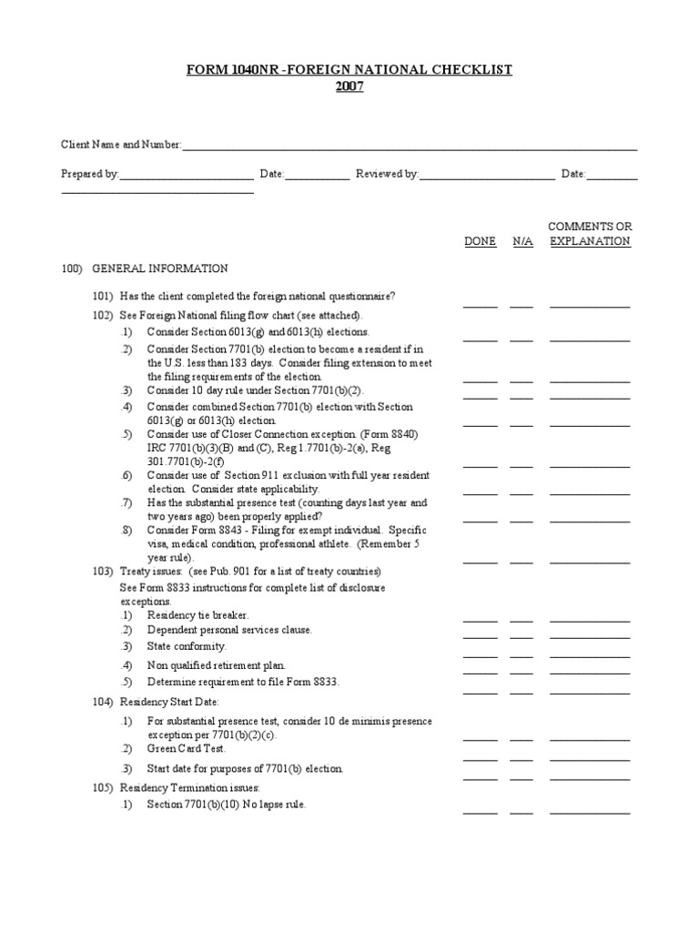 2007 Foreign National Checklist FINAL | PDF | Trust Law | Irs Tax Forms