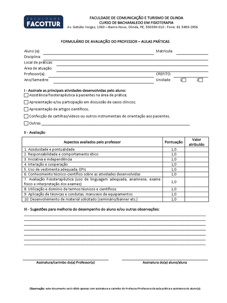 Ficha de Avaliação - Aulas Práticas 2022.2 | PDF | Fisioterapia