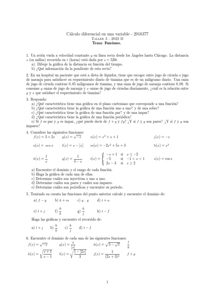 CalDif1Var Taller3 Func1 | PDF | Matemática Elemental | Matemáticas