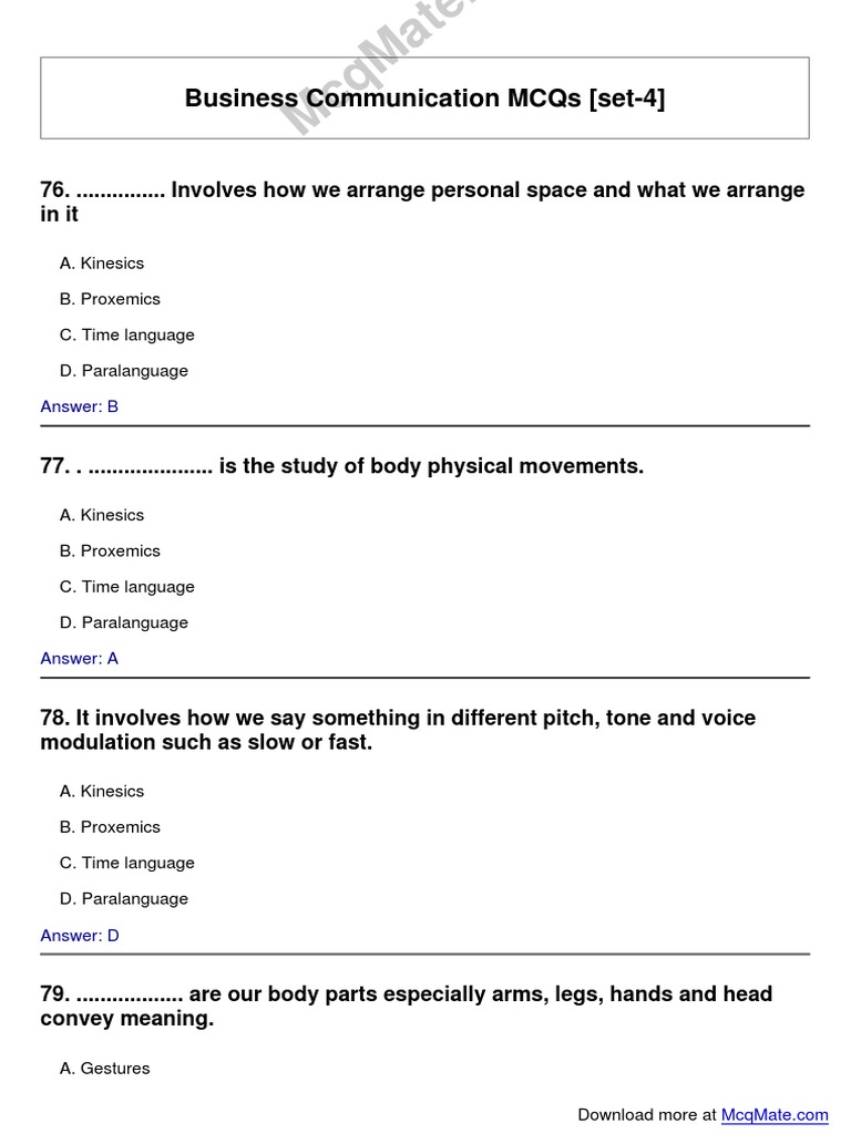 Business Comm. MCQs for Students | PDF | Human Communication | Psychological Concepts