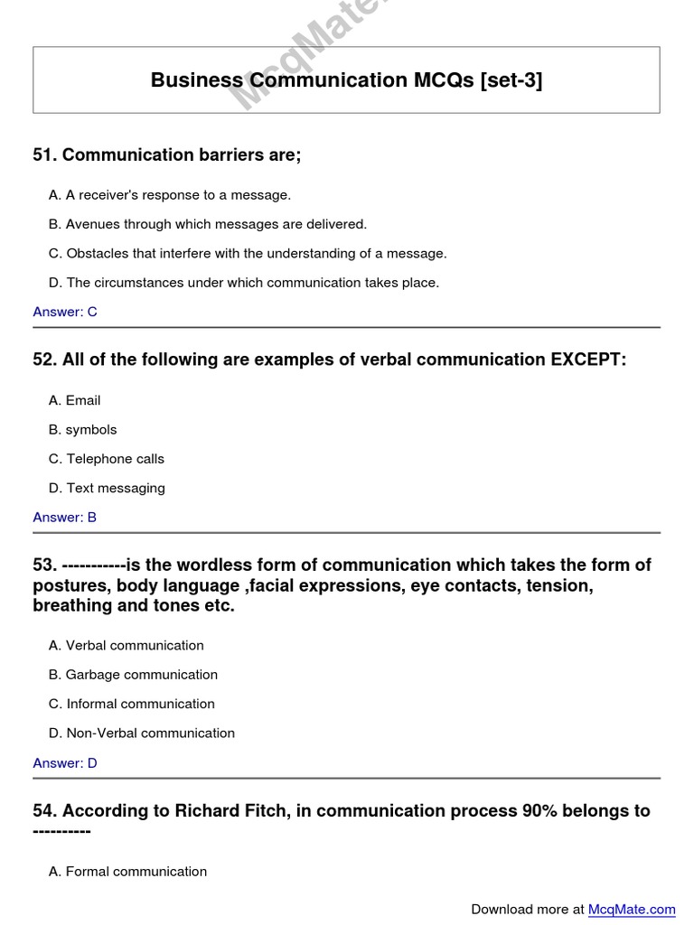 Business-Communication Solved MCQs (Set-3) | PDF | Communication | Nonverbal Communication