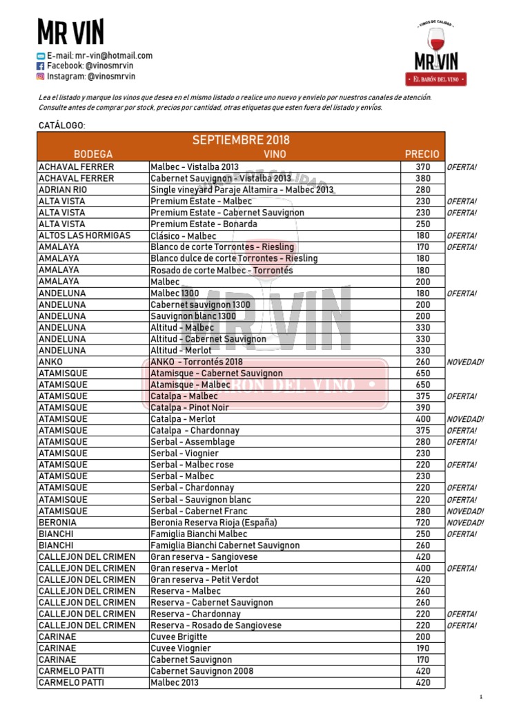 Lista de Precios MR Vin 9-2018-1 | Descargar gratis PDF | Variedades De Uva De Vino | Uva