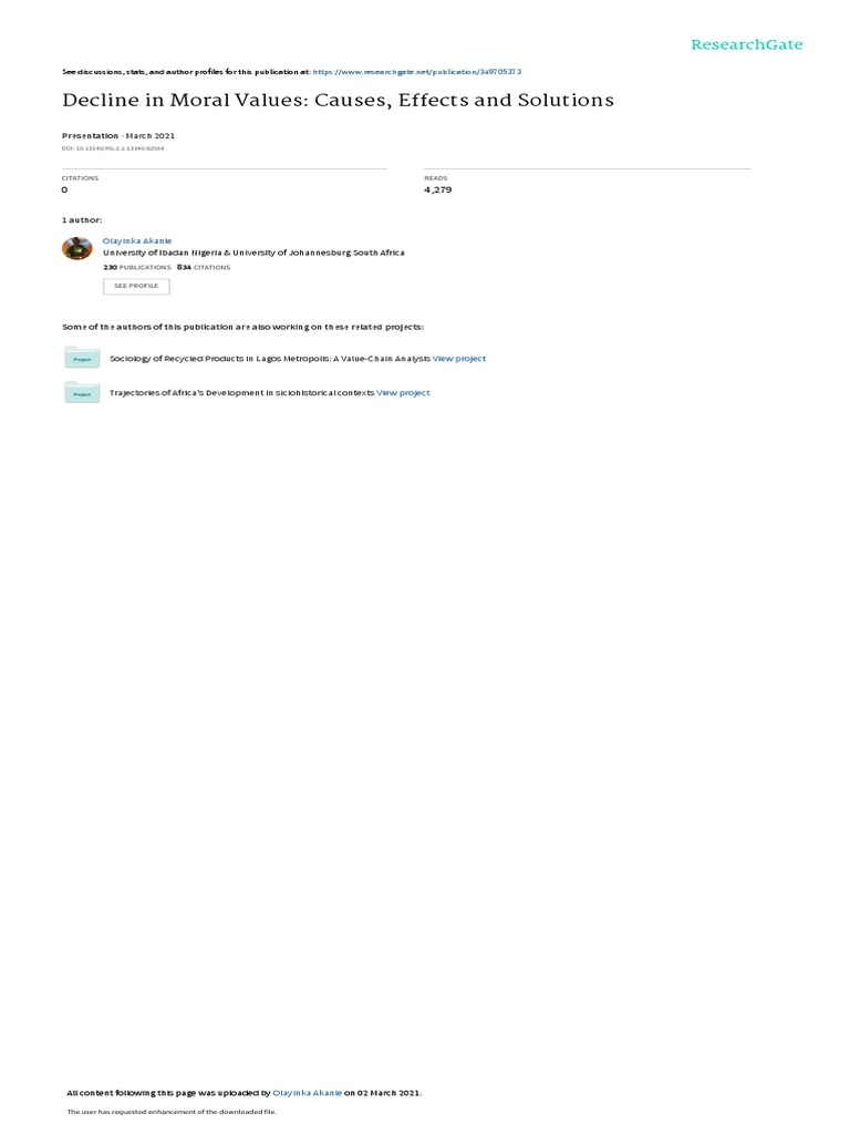 Decline in Moral Values: Causes, Effects and Solutions: March 2021 ...