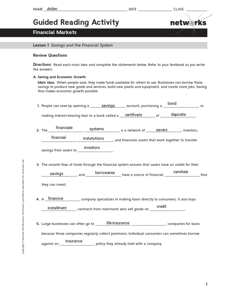 Guided Reading Activity: Financial Markets | PDF