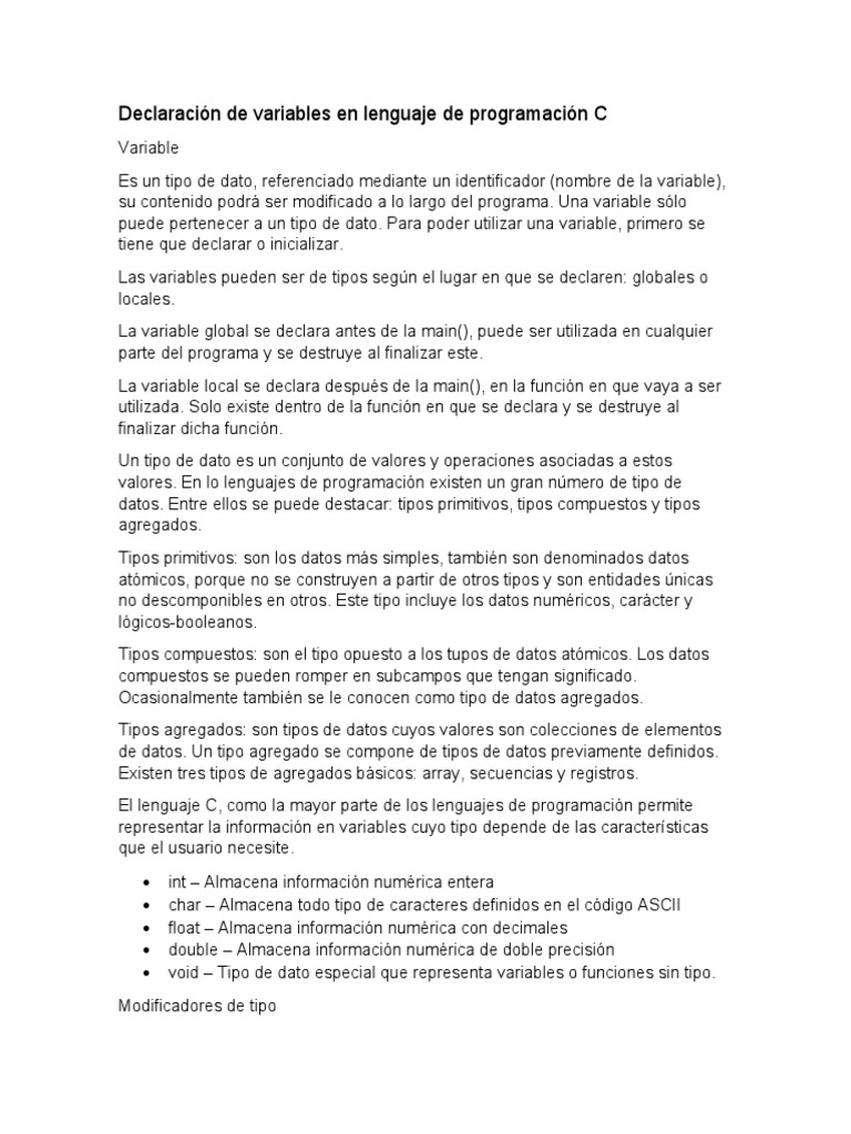 Declaración de Variables en Lenguaje de Programación C | Descargar ... Declaración de Variables en Lenguaje de Programación C | Descargar ...