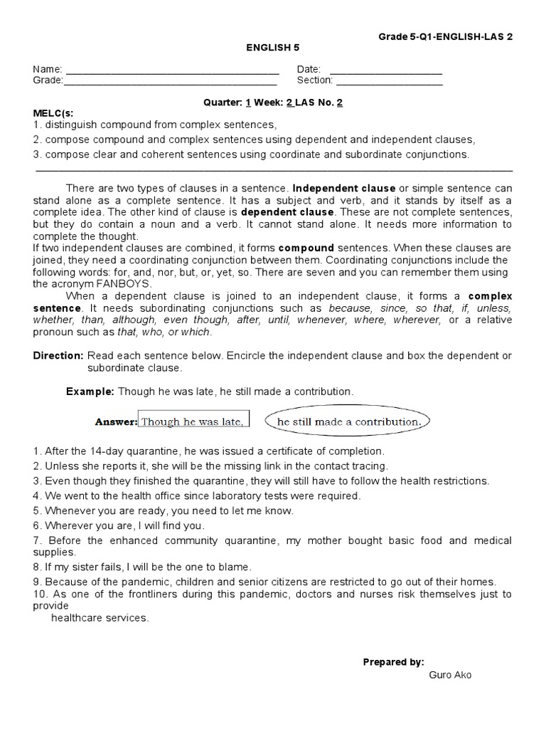 Grade 5 Q1 English Las 2 Pdf Clause Linguistics