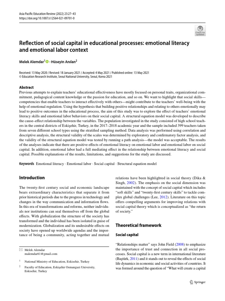 Reflection of Social Capital in Educational Processes, Emotional ...