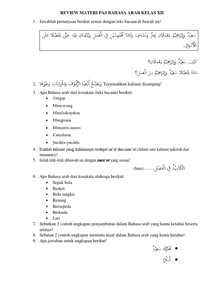 Review Materi Pas Bahasa Arab Kelas Xii | PDF