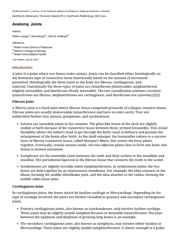 Anatomy, Joints - StatPearls - NCBI Bookshelf | PDF | Anatomical Terms ...