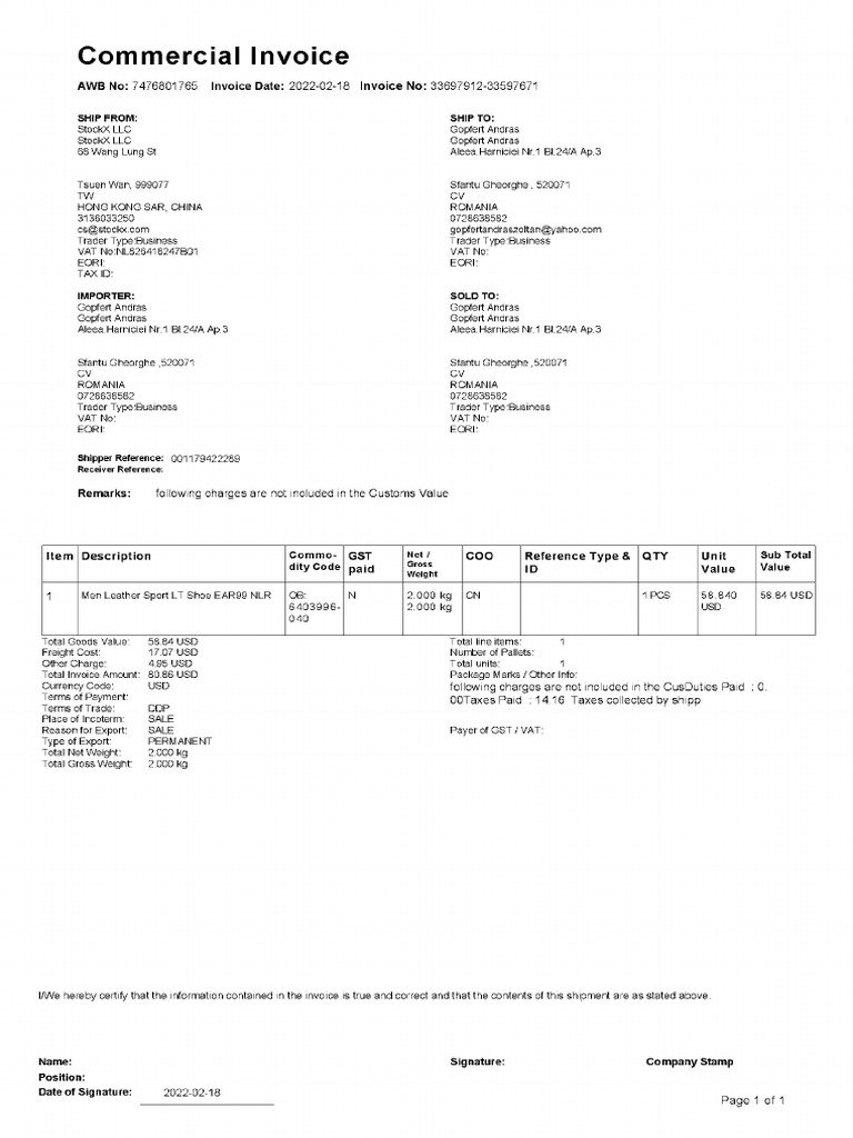 Stockx Payment Invoice | PDF