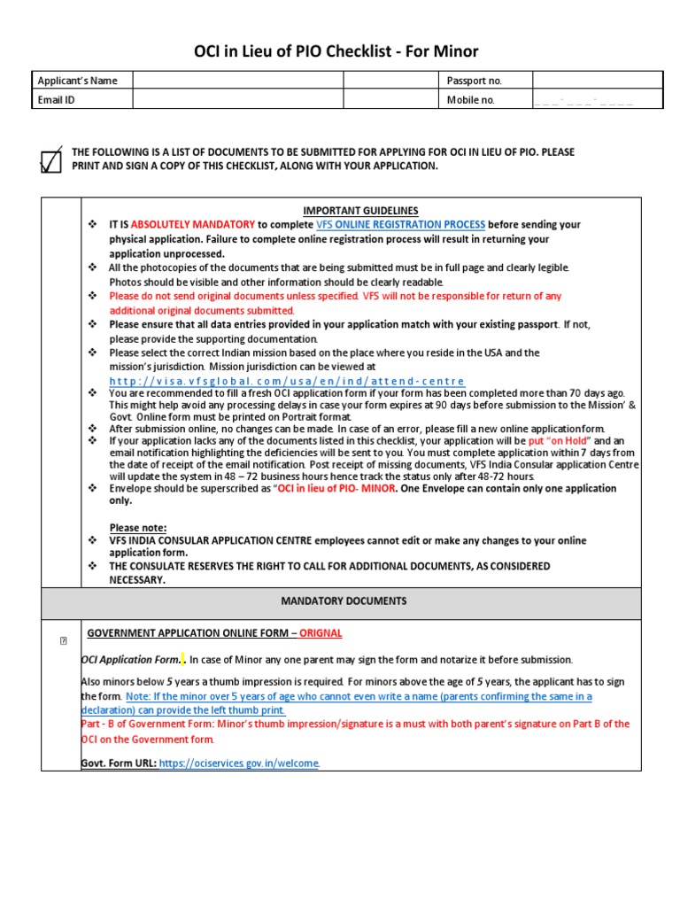 Oci Checklist in Lieu of Valid Pio Minor Final | PDF