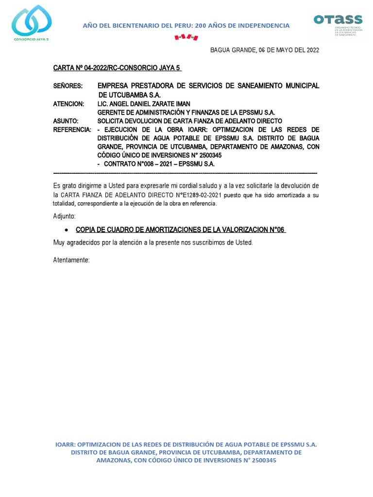 CARTA N°04-2022-Solicita Devolucion de Carta Fianza | PDF